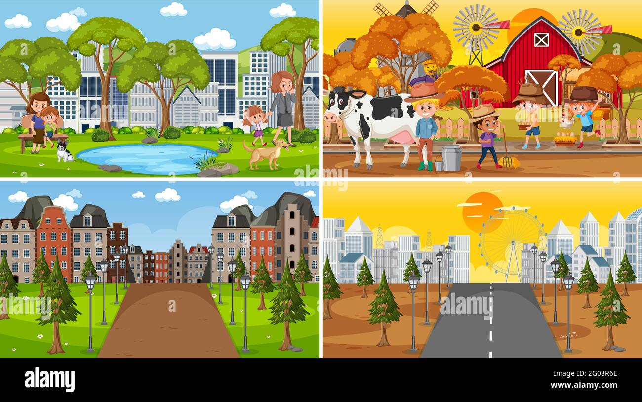 Set of different nature scenes background in cartoon style illustration ...
