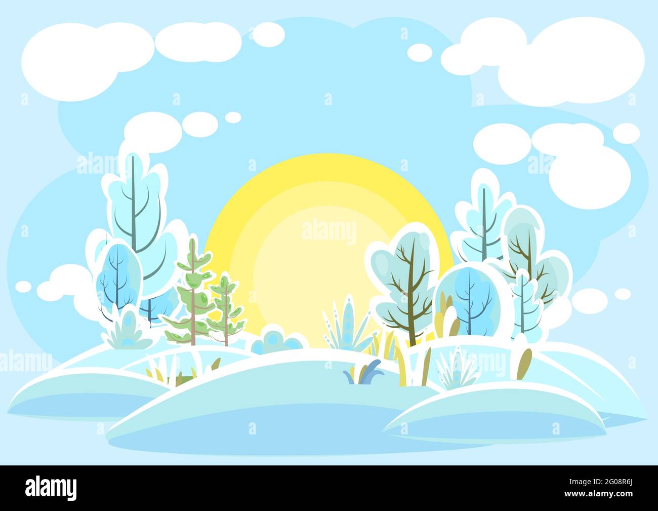 Winter landscape. Beautiful frosty view with snow-covered trees. Sun ...