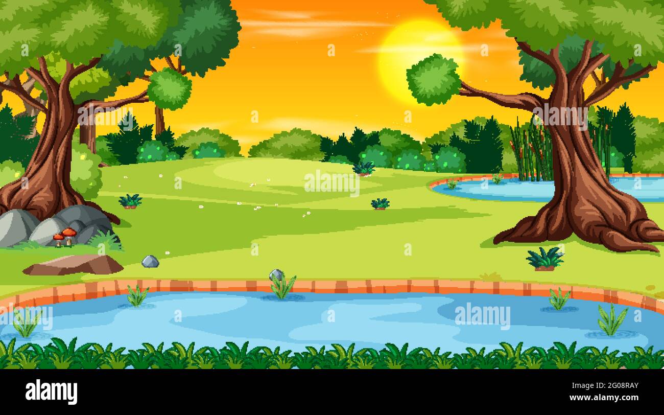 Landscape scene of forest with river and many trees illustration Stock ...