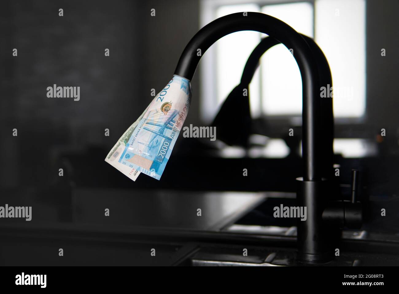 water tap spewing american dollar bills. Expensive water supply. The ...