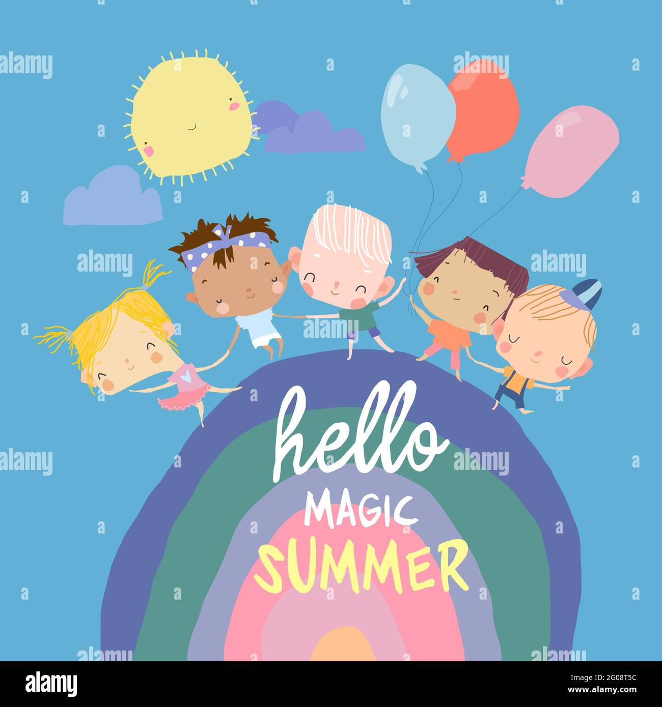 Happy Children running on Rainbow with Balloon Stock Vector Image & Art ...