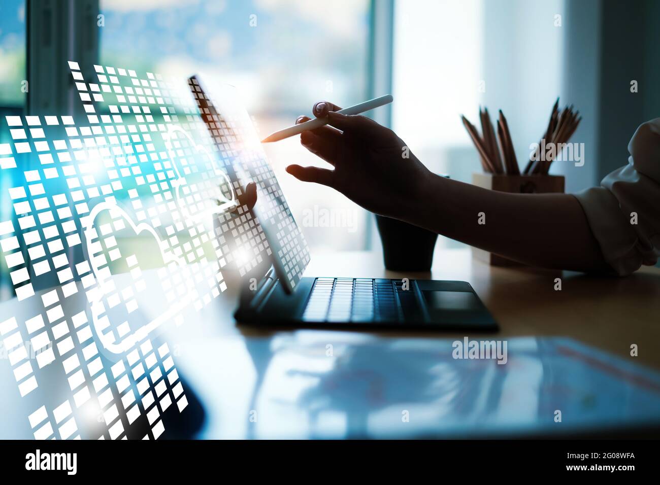 Image of Entertainment technology concept. Woman finding movie, music ...