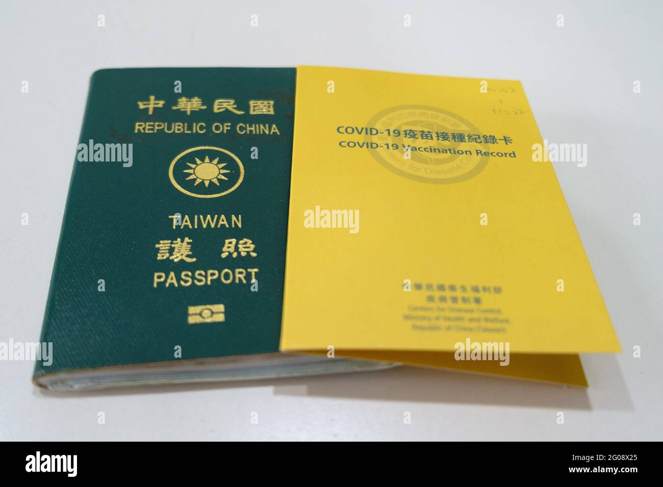 In this photo illustration a view of the Covid-19 vaccination card from the Taiwan Centers for ...