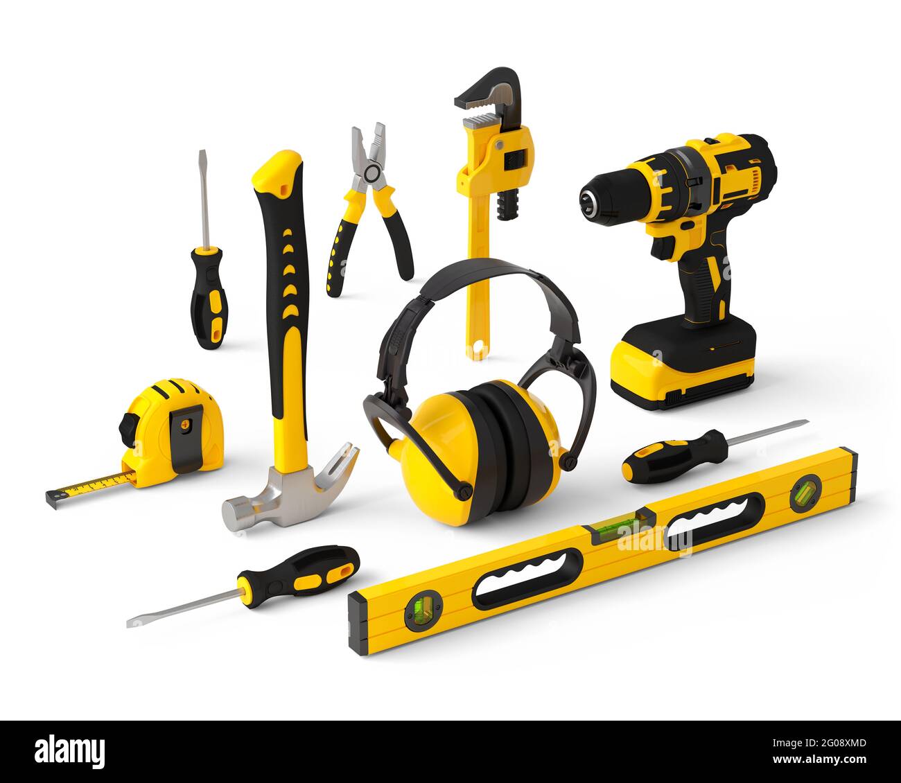 Isometric view of yellow construction tools for repair on white Stock ...