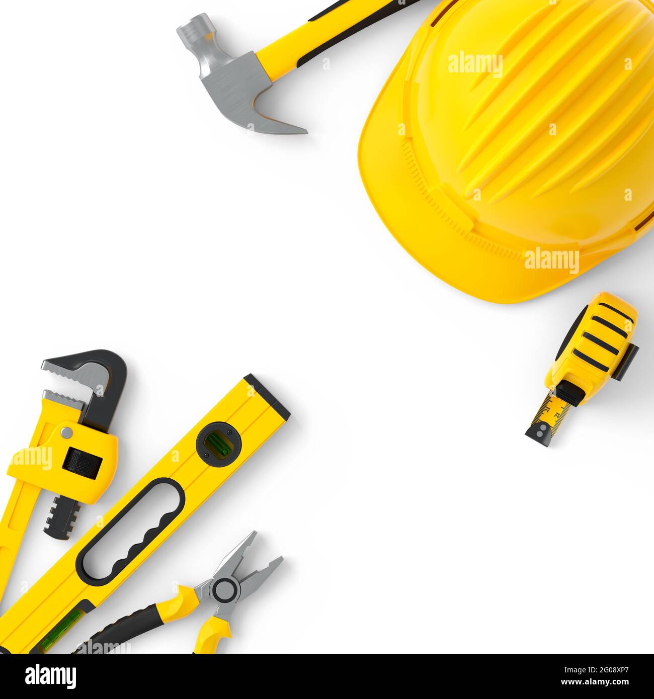 Top view of yellow construction tools for repair and installation on ...