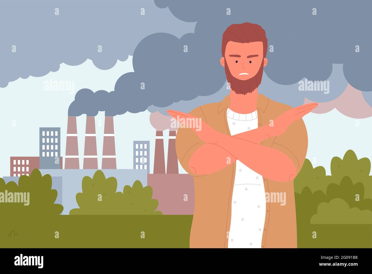 Stop air pollution, ecology problem vector illustration. Cartoon young ...