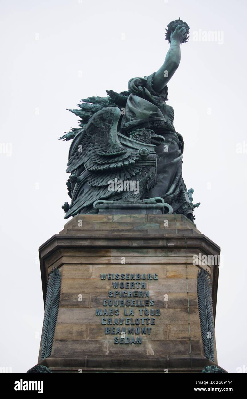 Side of the statue on top of the Niederwald Monument in Rudesheim am ...