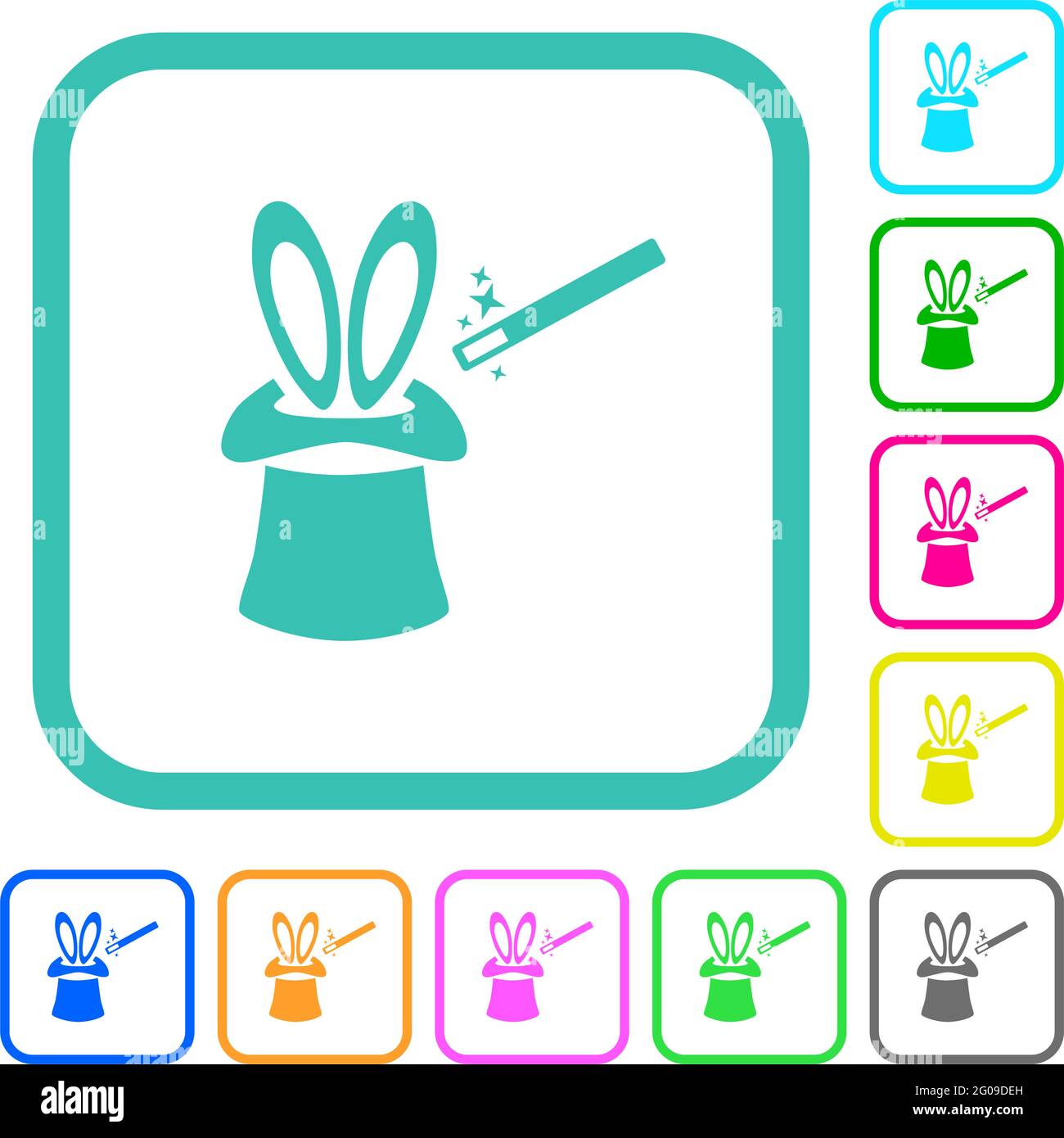 Magic hat with bunny ears vivid colored flat icons in curved borders on ...