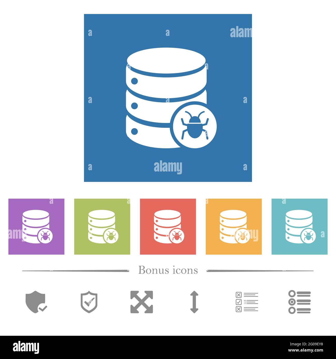Database bug flat white icons in square backgrounds. 6 bonus icons included Stock Vector Image ...