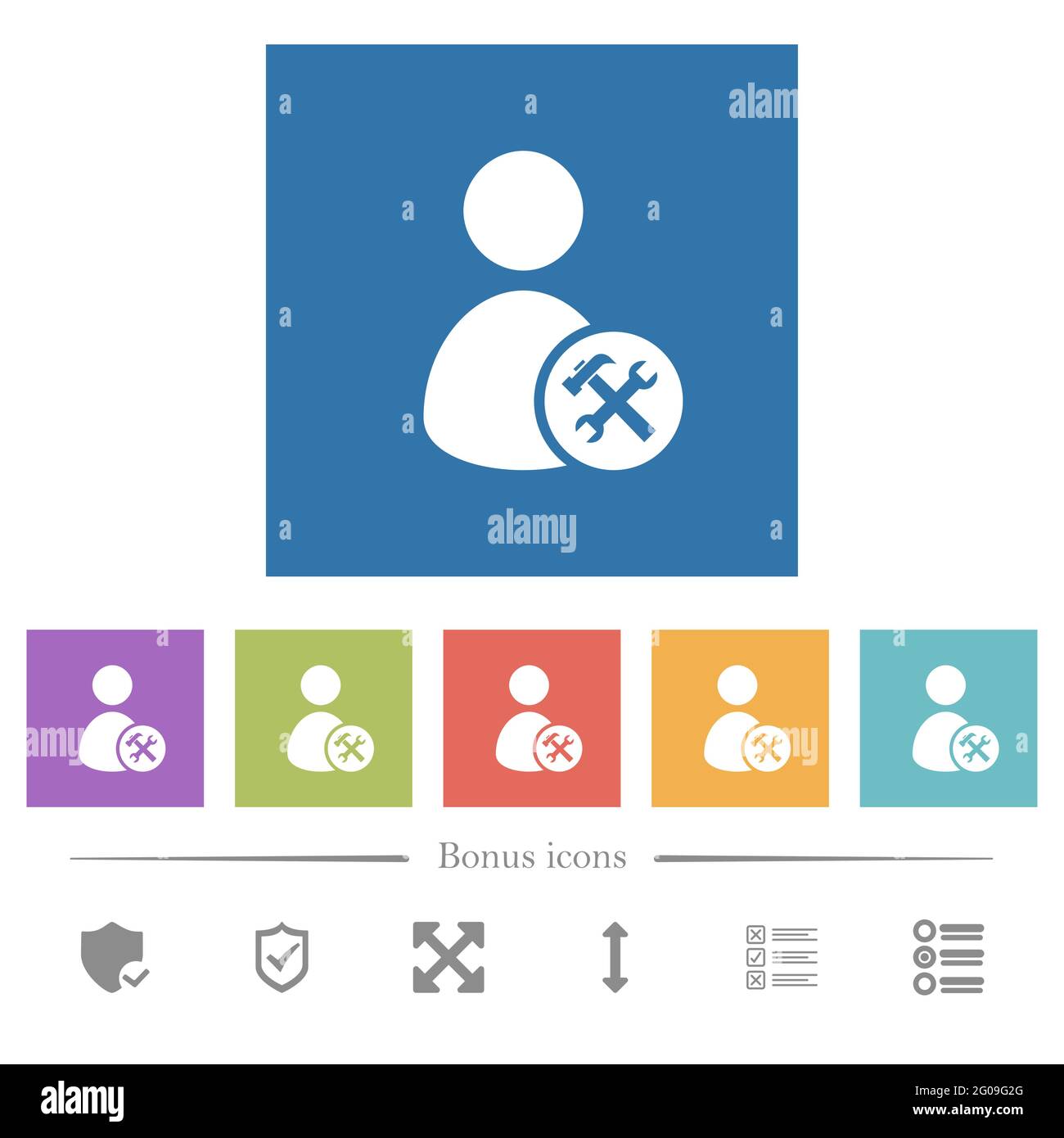 User account tools flat white icons in square backgrounds. 6 bonus ...