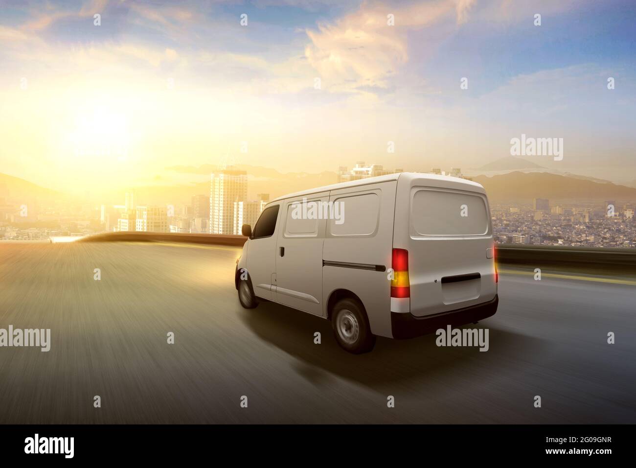 The white delivery van on the road with sunset sky background Stock ...