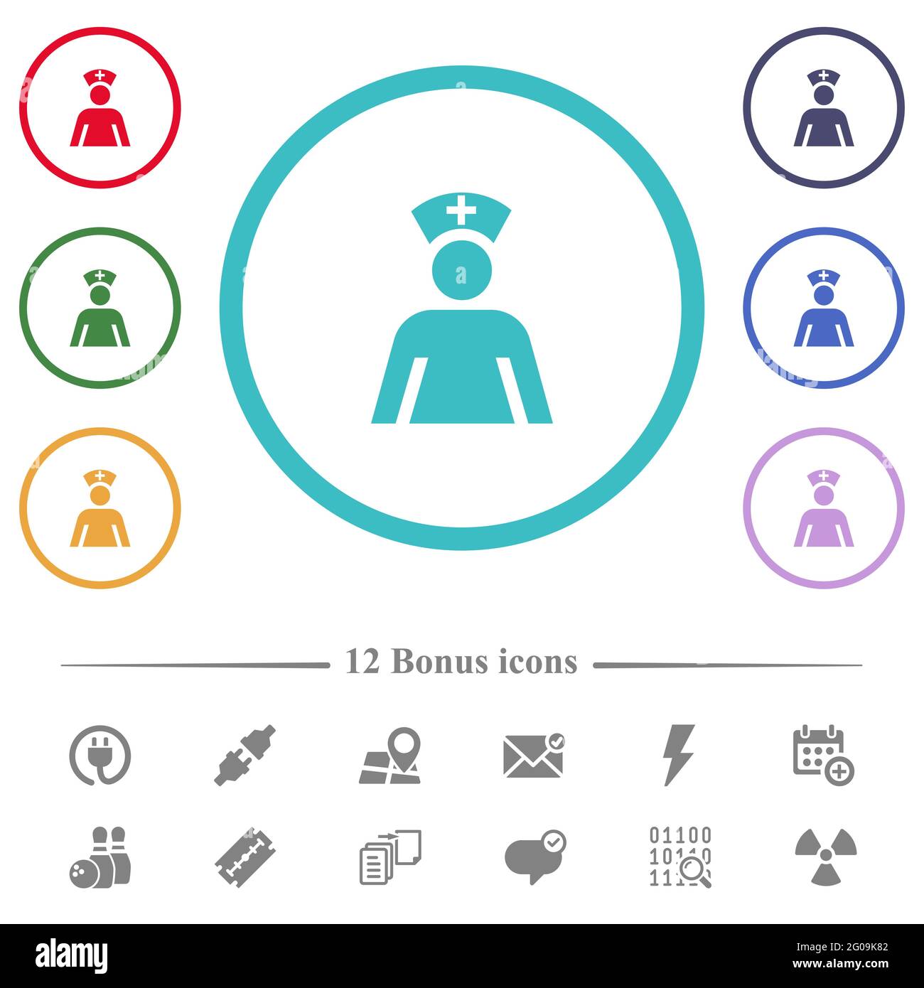 Nurse flat color icons in circle shape outlines. 12 bonus icons ...