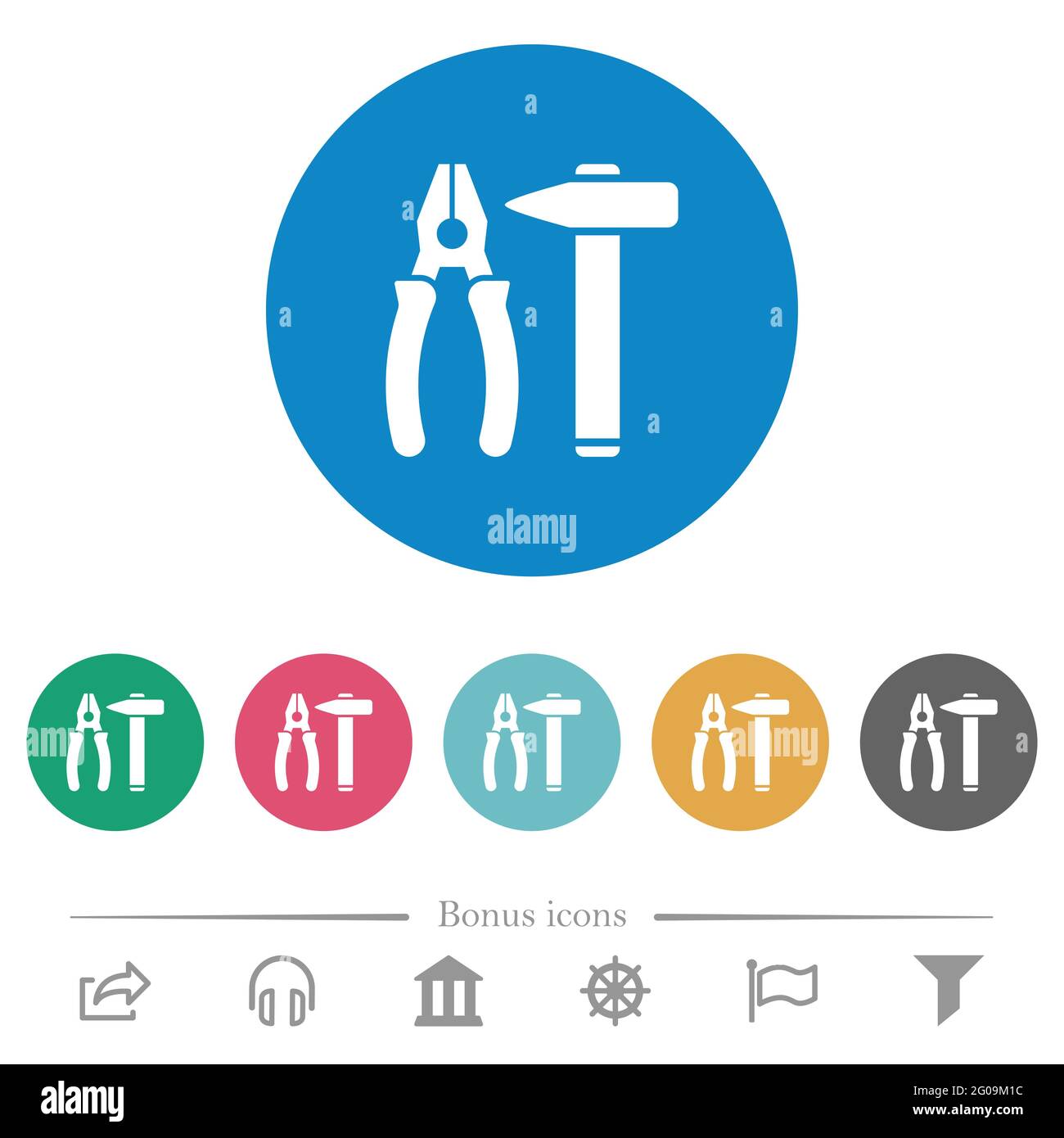 Hammer and combined pliers flat white icons on round color backgrounds ...