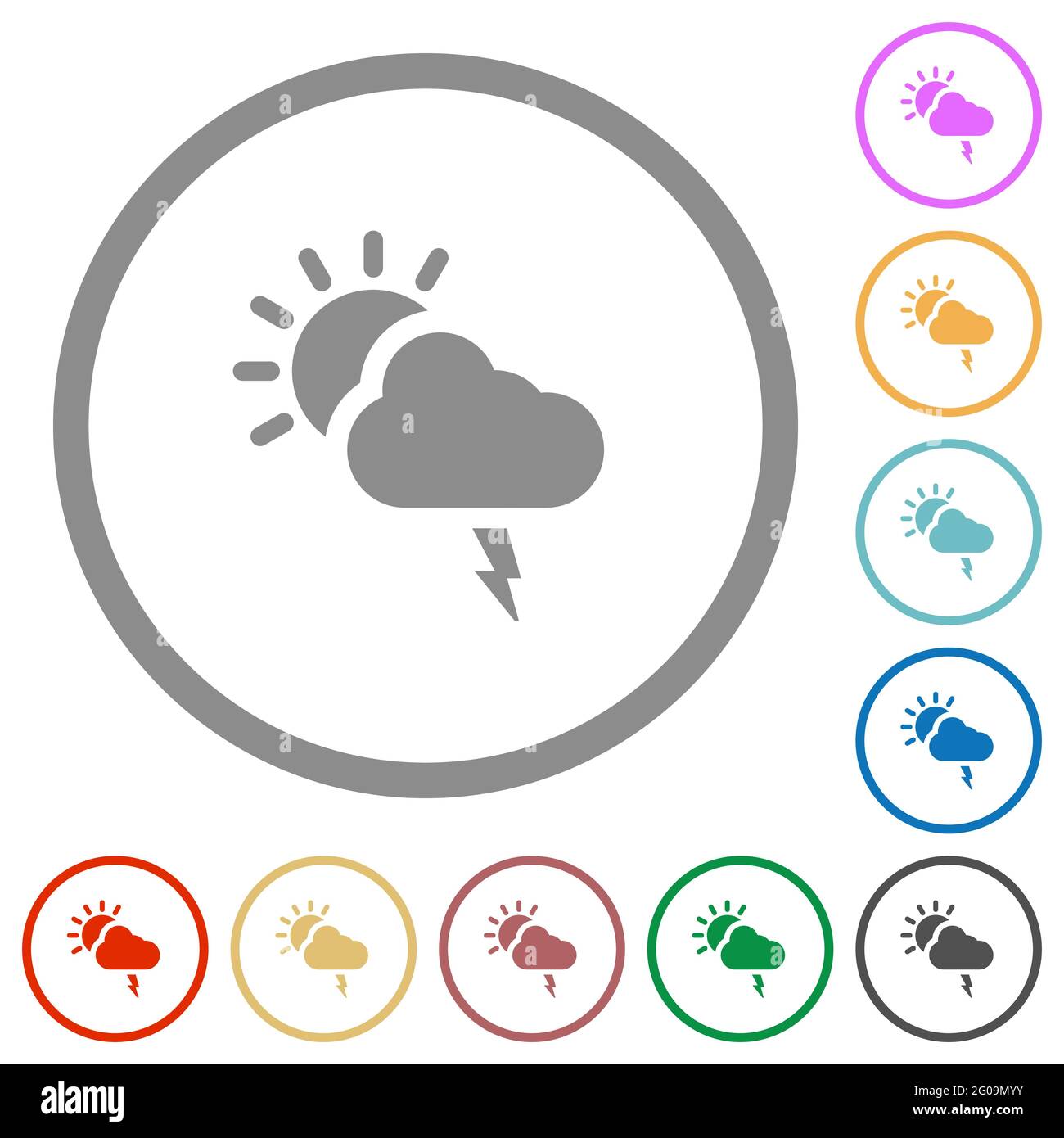 Sunny and stormy weather flat color icons in round outlines on white ...
