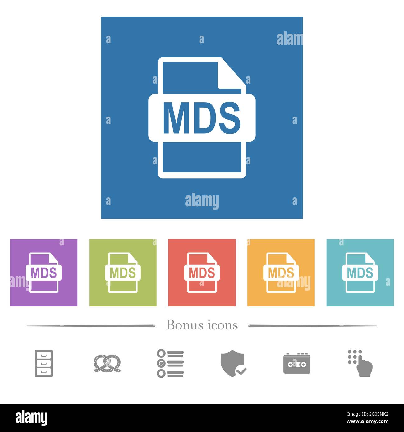MDS file format flat white icons in square backgrounds. 6 bonus icons ...