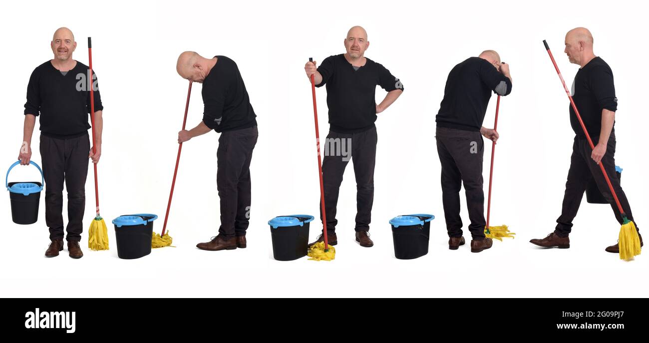 man and woman with a mop and bucket on white background Stock Photo - Alamy