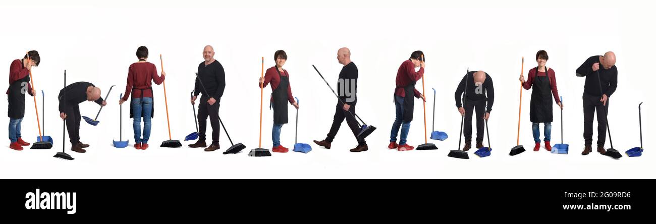 woman and man with a broom and dustpan sweeping on white background ...