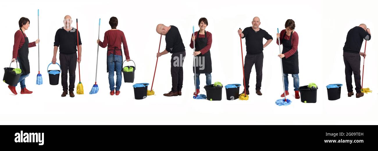woman and man with a mop and bucket on white background Stock Photo - Alamy