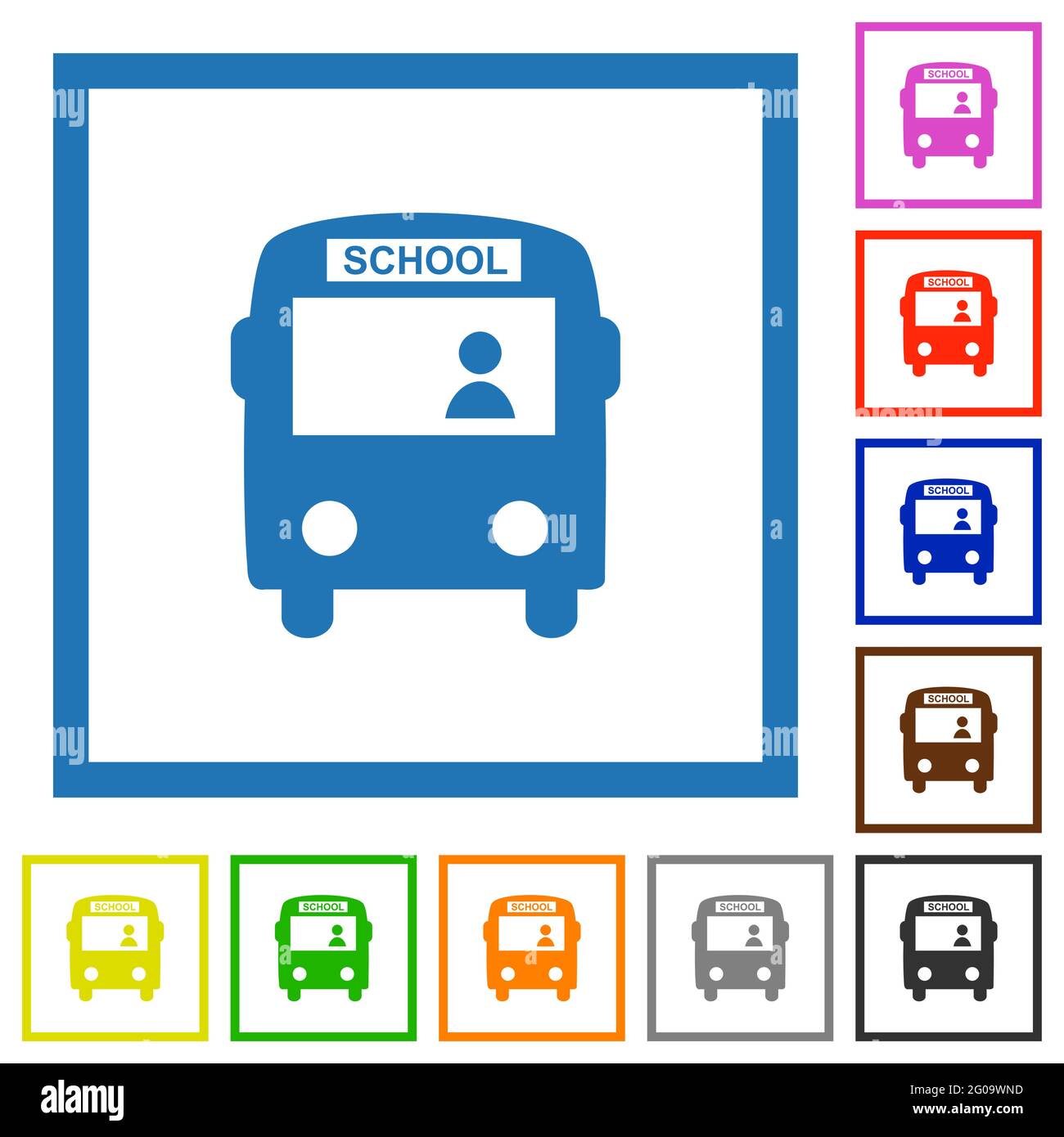School bus with driver flat color icons in square frames on white background Stock Vector Image ...