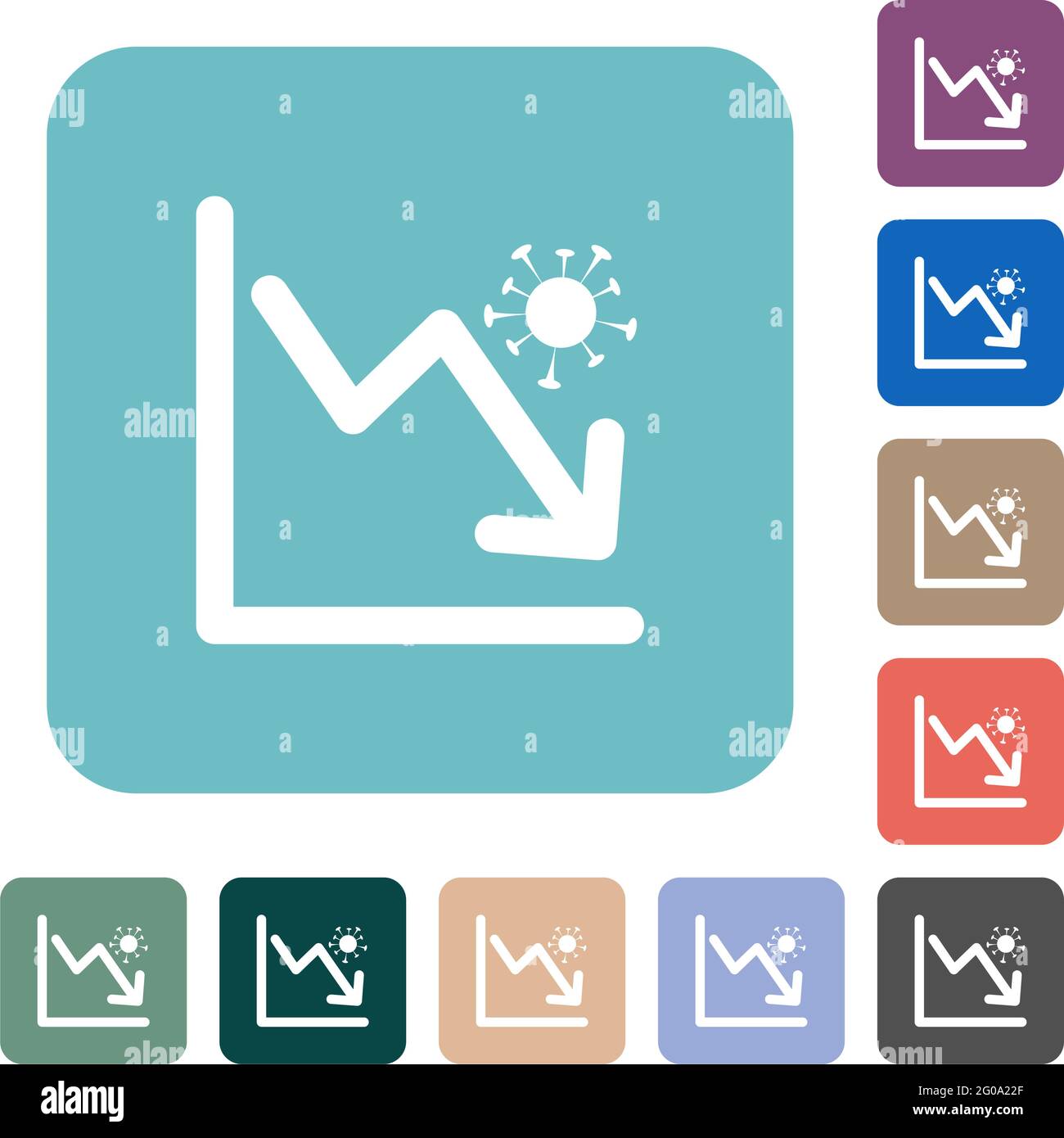 Falling covid graph white flat icons on color rounded square ...