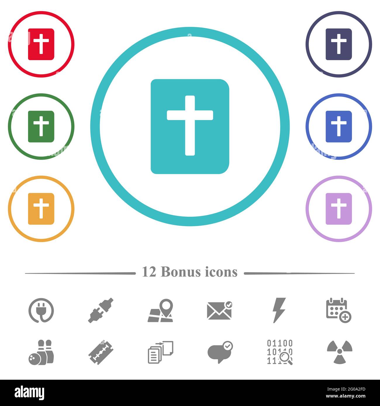 Holy bible flat color icons in circle shape outlines. 12 bonus icons ...