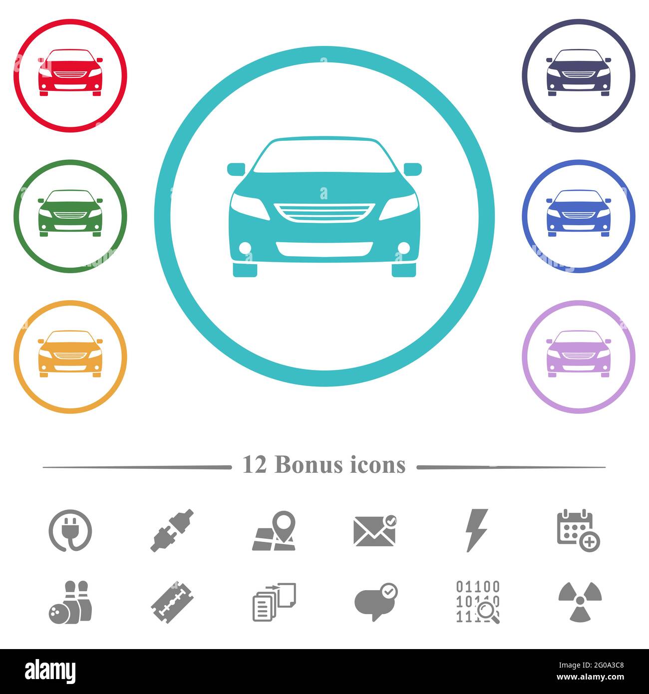 Sport car front view flat color icons in circle shape outlines. 12 ...