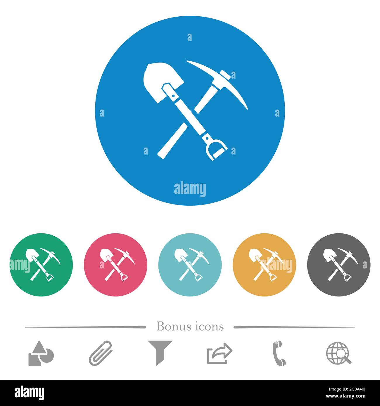 shovel and pickaxe flat white icons on round color backgrounds. 6 bonus ...