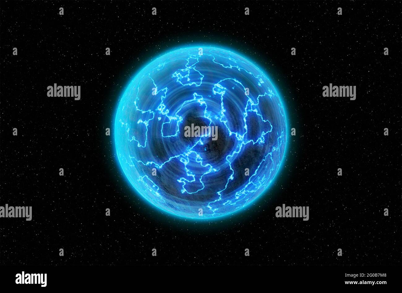 a sci-fi glowing sphere, a planet releasing cyan color energy from its ...