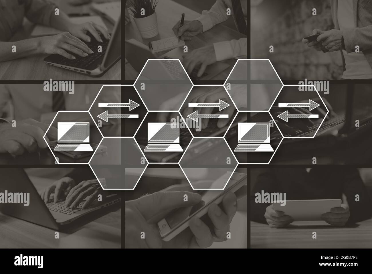 Data transfer concept illustrated by pictures on background Stock Photo ...