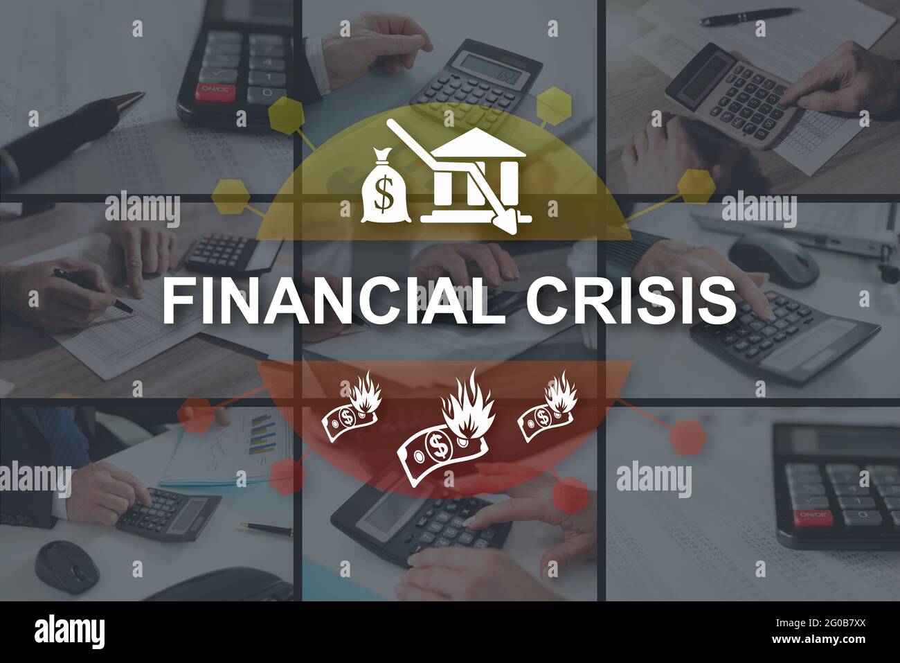 Financial crisis concept illustrated by pictures on background Stock ...