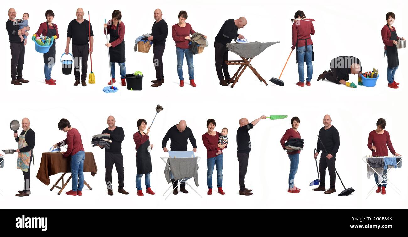 a row of a couple sharing housework on white background Stock Photo - Alamy