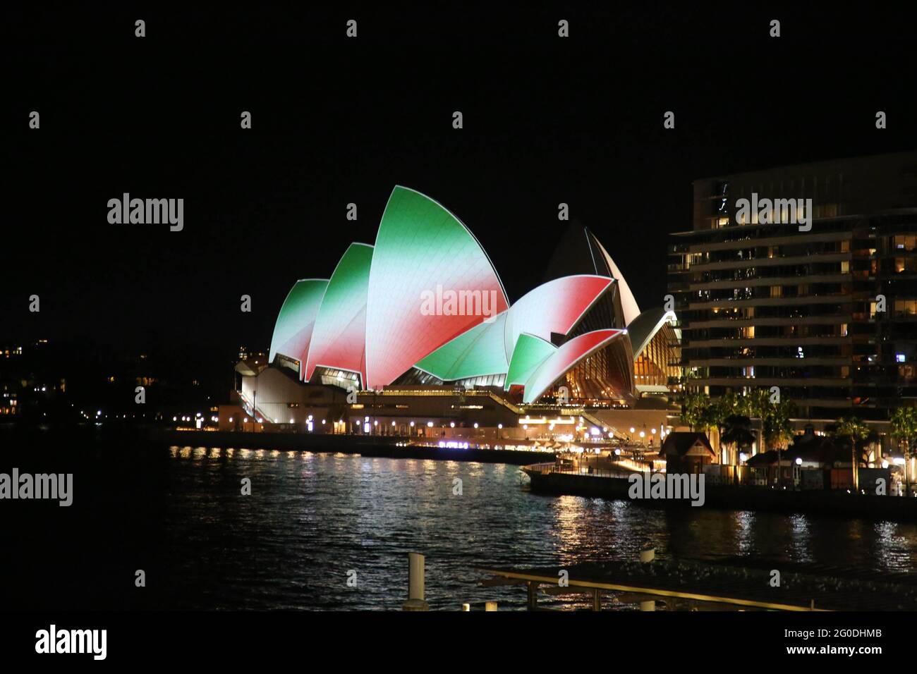 Sydney, Australia. 2nd June 2021. Sydney Opera House is lit up in the ...