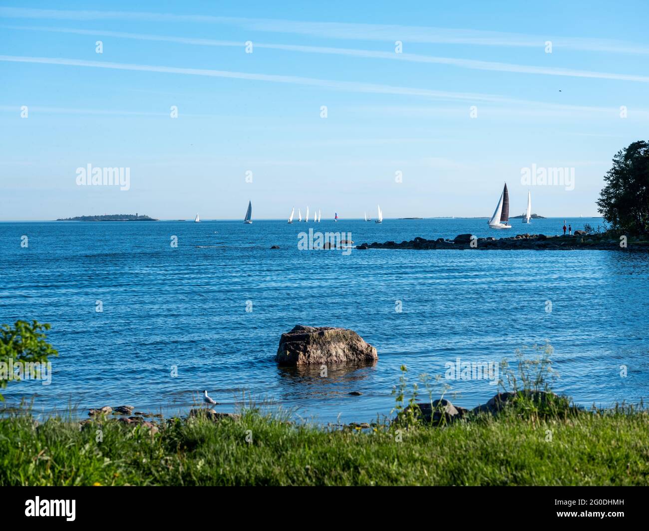 Helsinki / Finland - JUNE 1, 2021: A seascape from the shore with ...