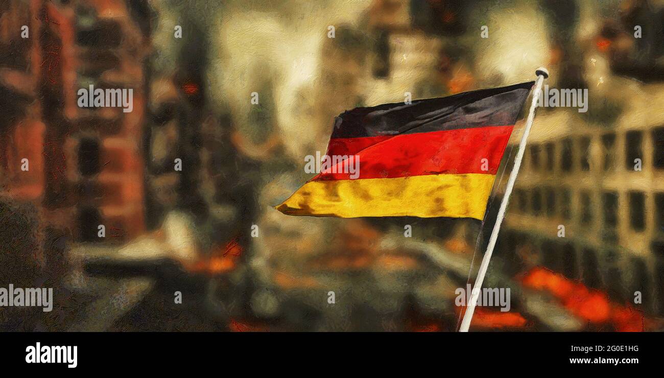 Flag of Germany on the background of the apocalyptic city. Artistic ...