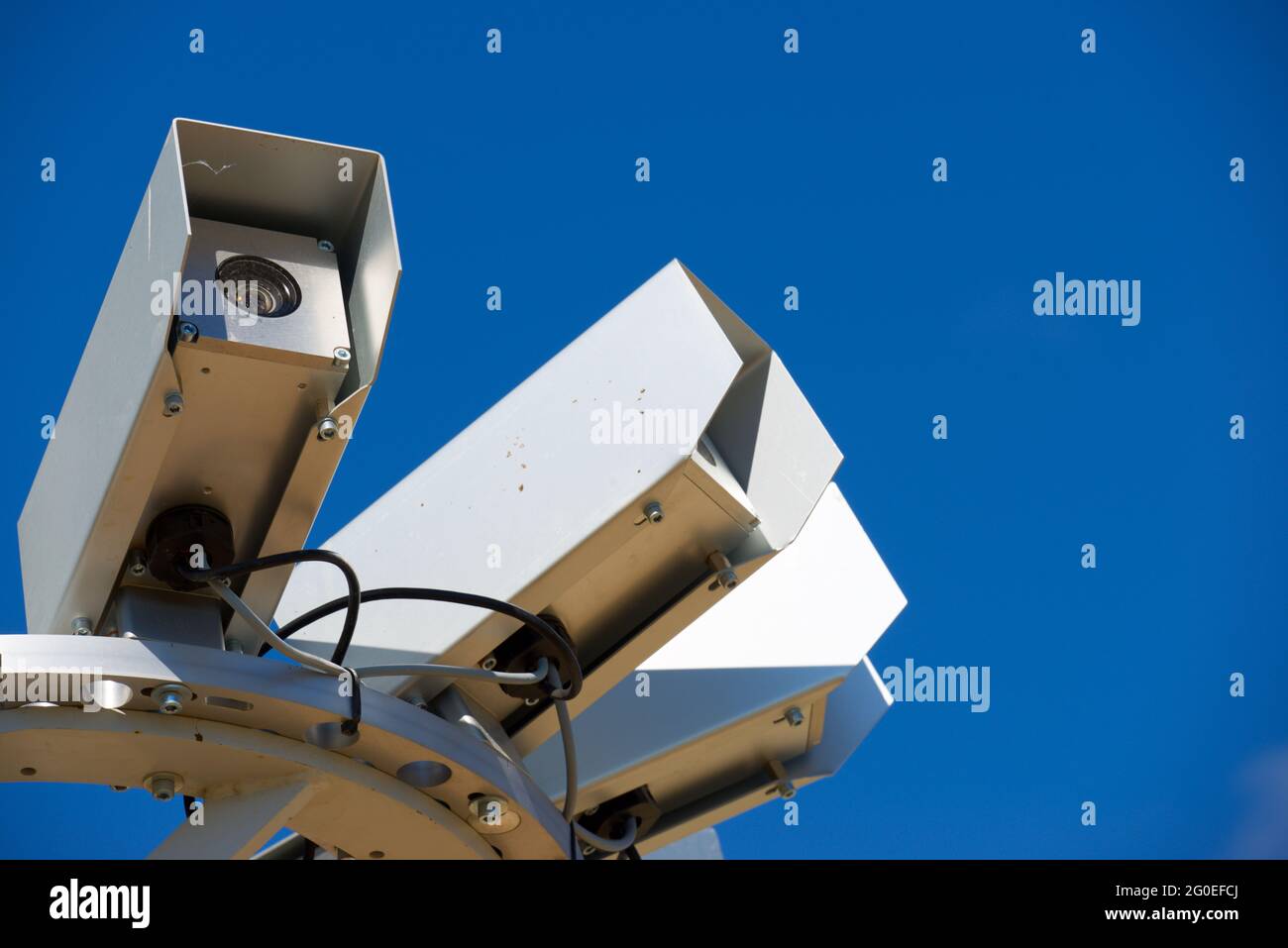 Closeup of a surveillance camera and clear sky Stock Photo - Alamy