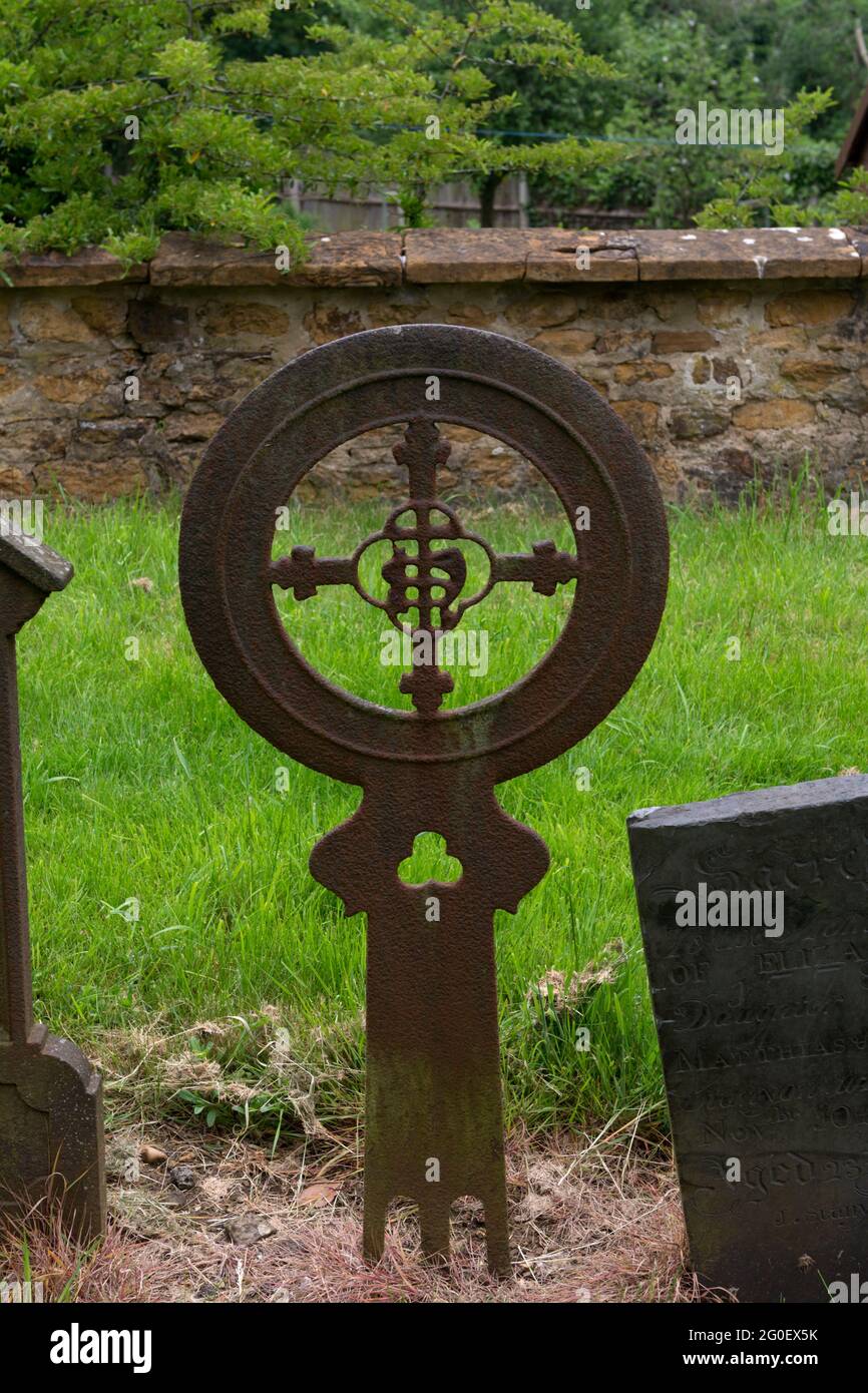 A metal grave marker in St. Giles churchyard, Desborough ...