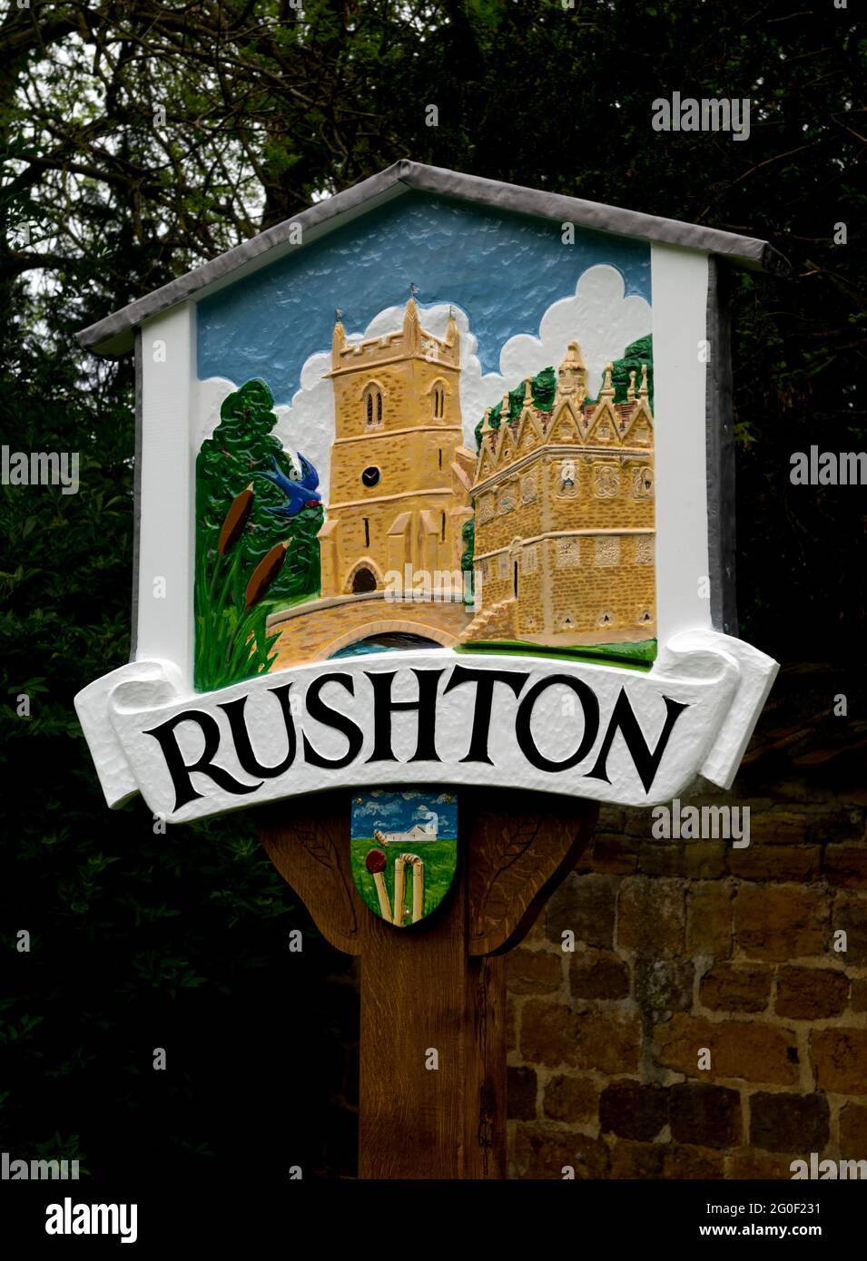 Rushton village sign, Northamptonshire, England, UK Stock Photo - Alamy