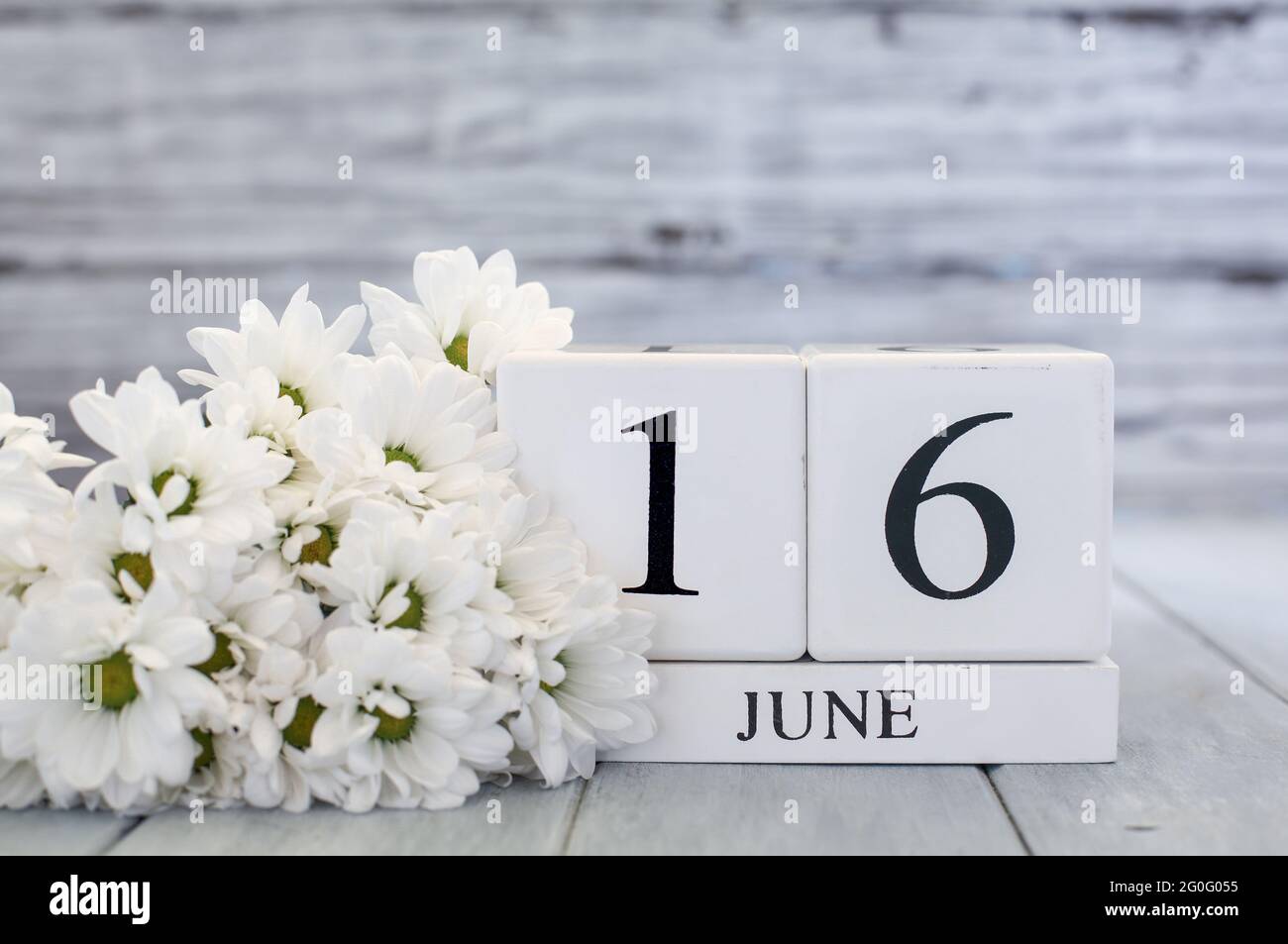 White wood calendar blocks with the date June 16th and white daisies ...