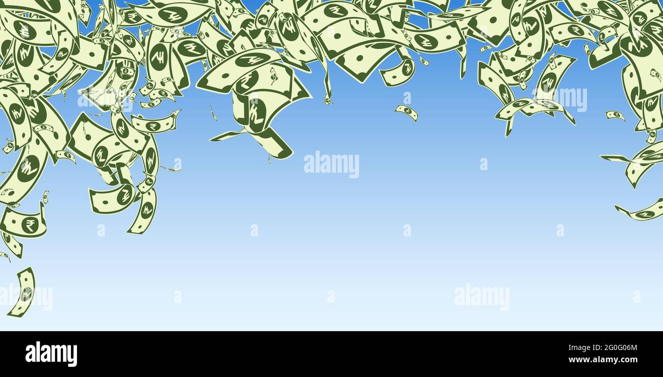 Indian rupee notes falling. Messy INR bills on blue sky background ...