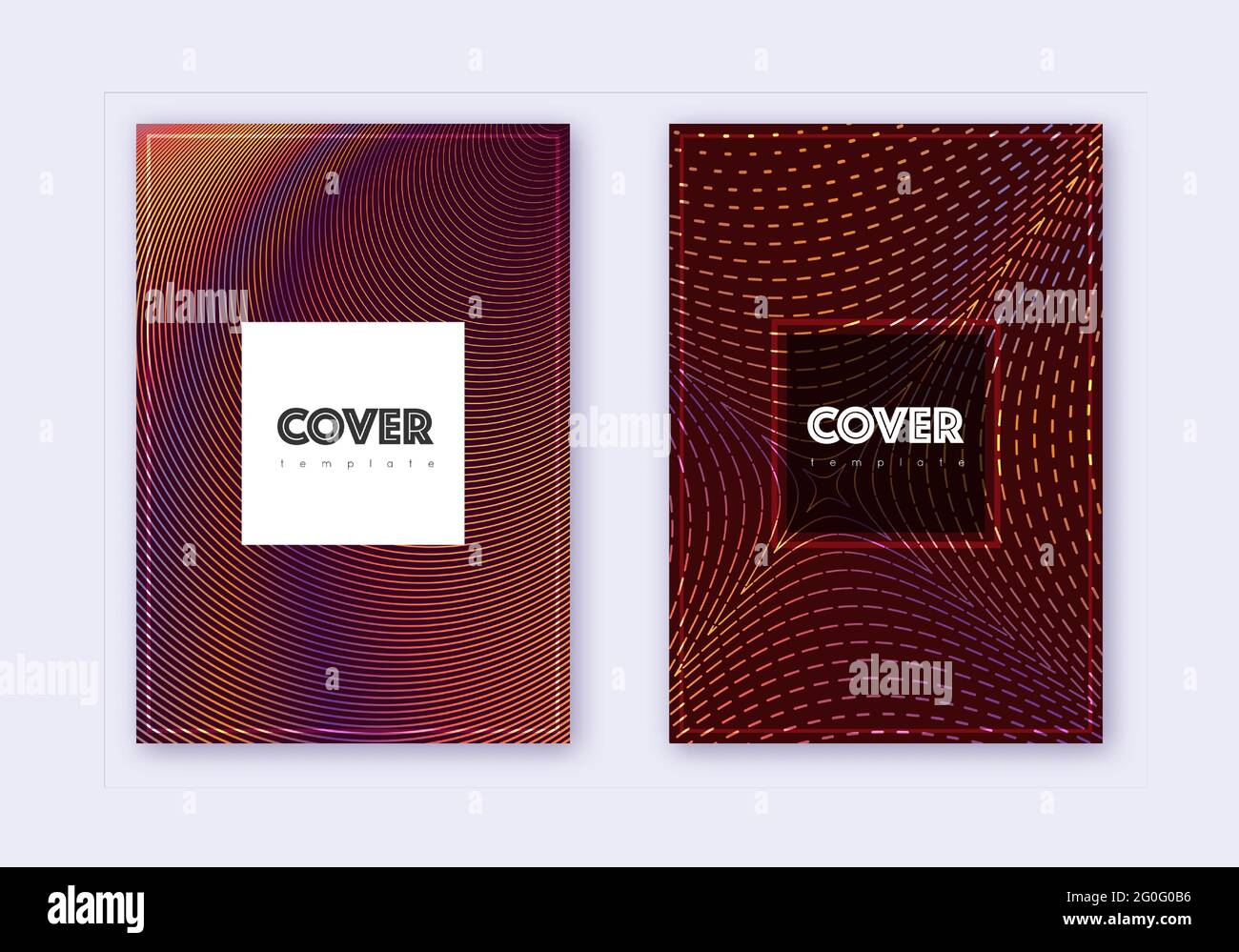 Hipster cover design template set. Orange abstract lines on wine red ...