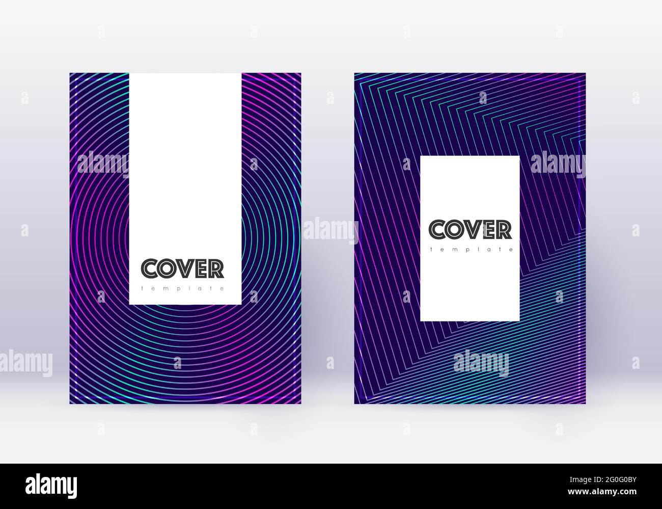 Hipster cover design template set. Neon abstract lines on dark blue ...