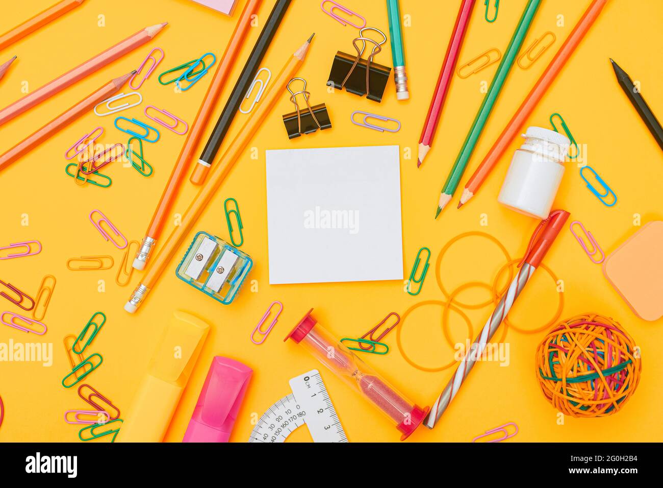 MOCKUP School office supplies on yellow background flat lay copy space ...