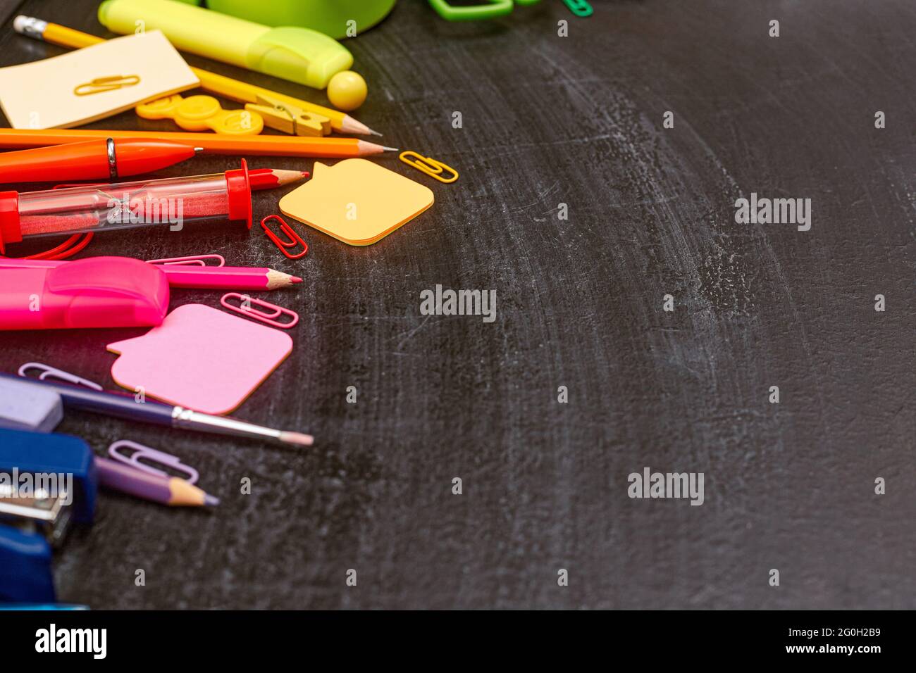 back to school, multicolored school supplies, rainbow on school board ...