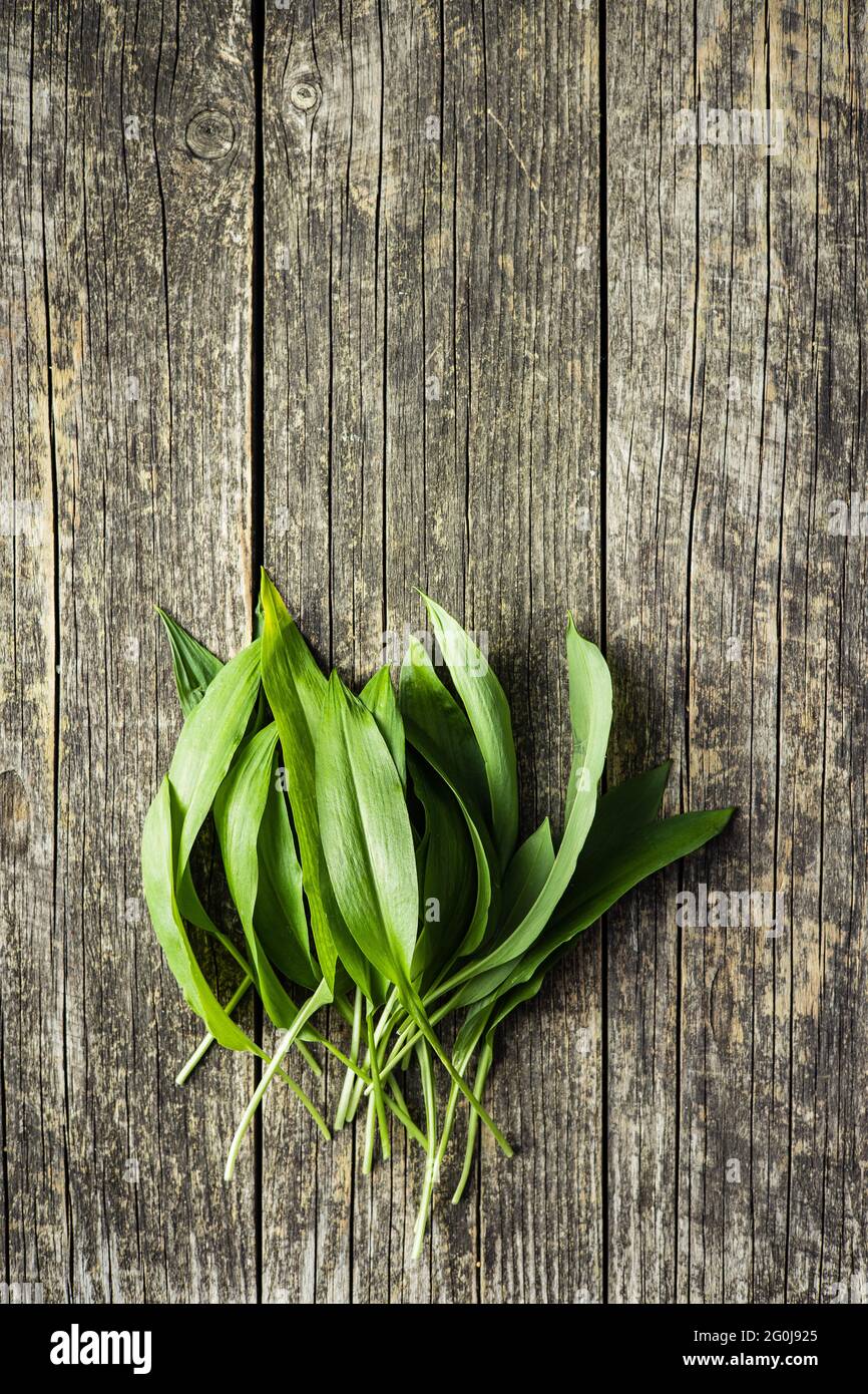 Green ramsons leaves. Wild garlic on old wooden table. Top view Stock ...