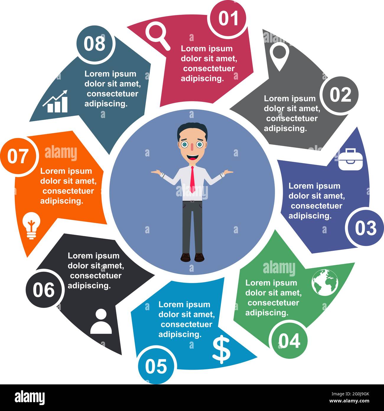 8 step vector element in eight colors with labels, infographic diagram ...