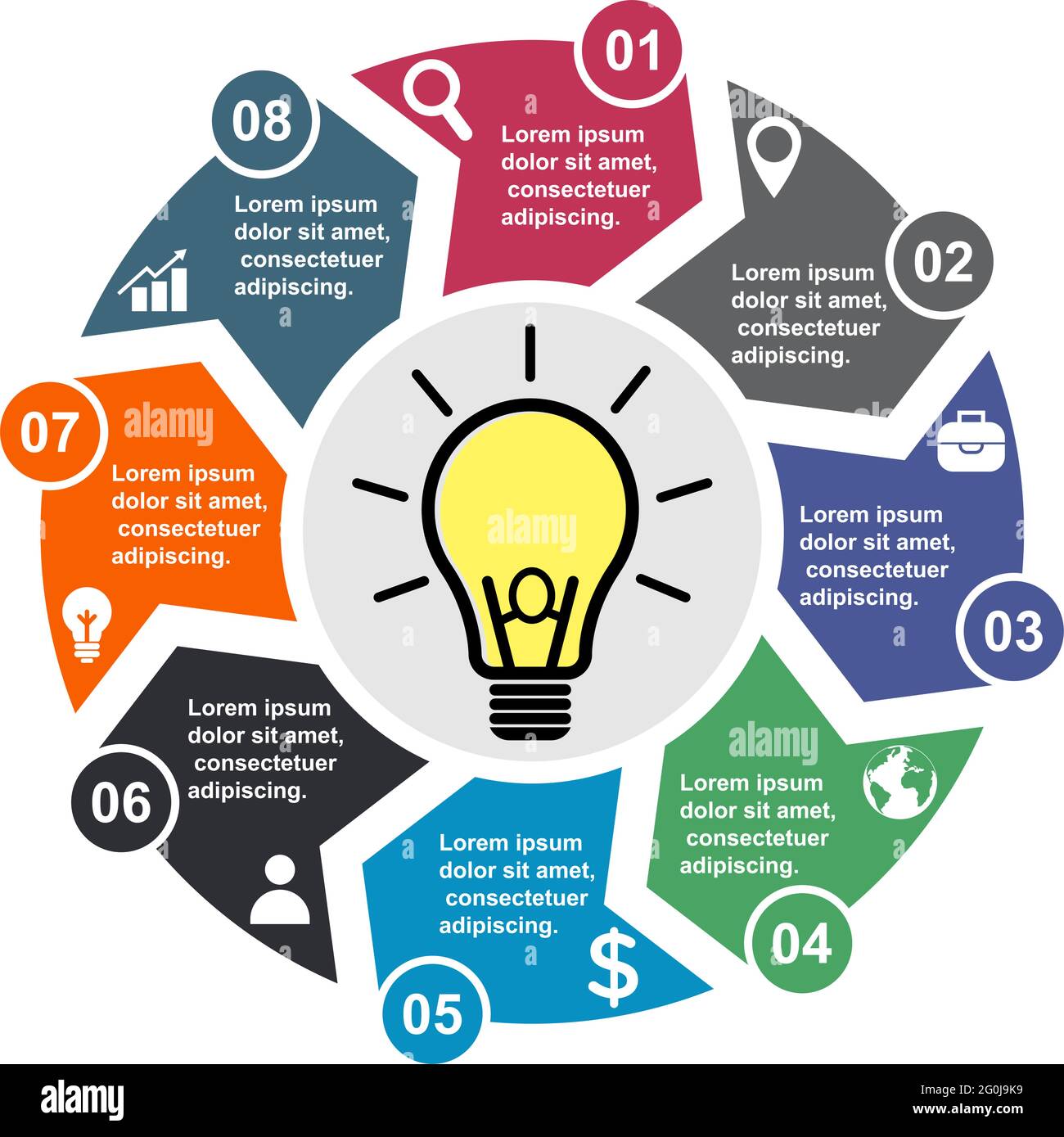 8 step vector element in eight colors with labels, infographic diagram ...