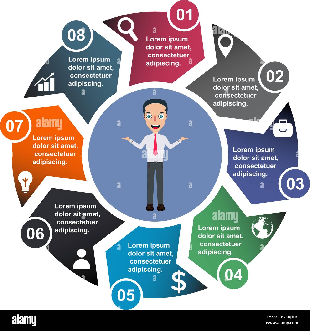 8 step vector element in eight colors with labels, infographic diagram ...