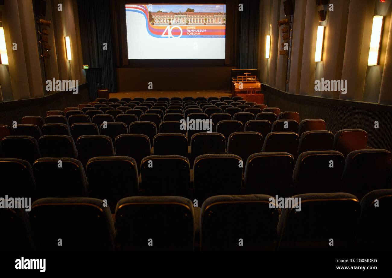 02 June 2021, Brandenburg, Potsdam: In the museum's own cinema, the opening image of a video can ...