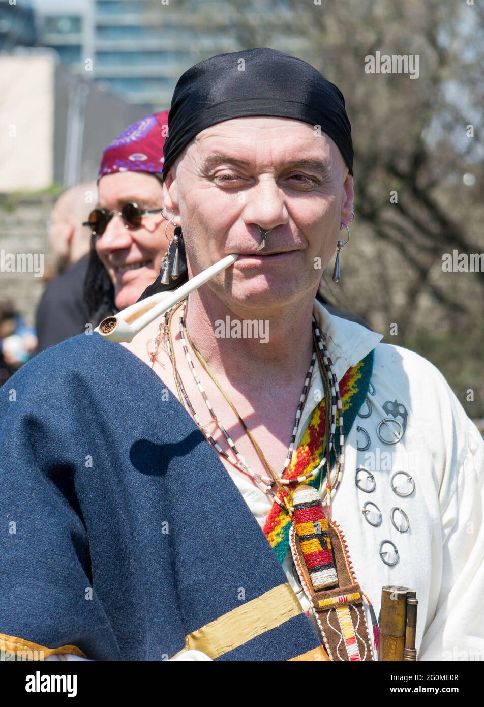 Canadian First Nations Man, Indian man with pipe for smoking tobacco in ...