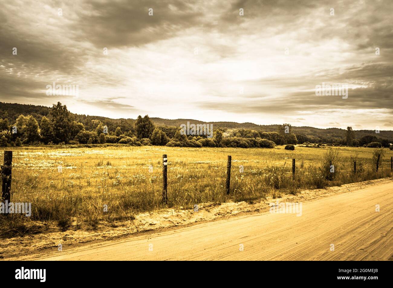 Landscape stylized on vintage with rural scene fields and meadows at ...